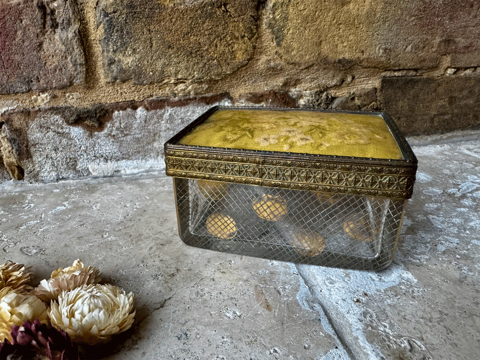 Antique French Glass Jewellery Box with Embroidered Lid – JFrancesAntiques
