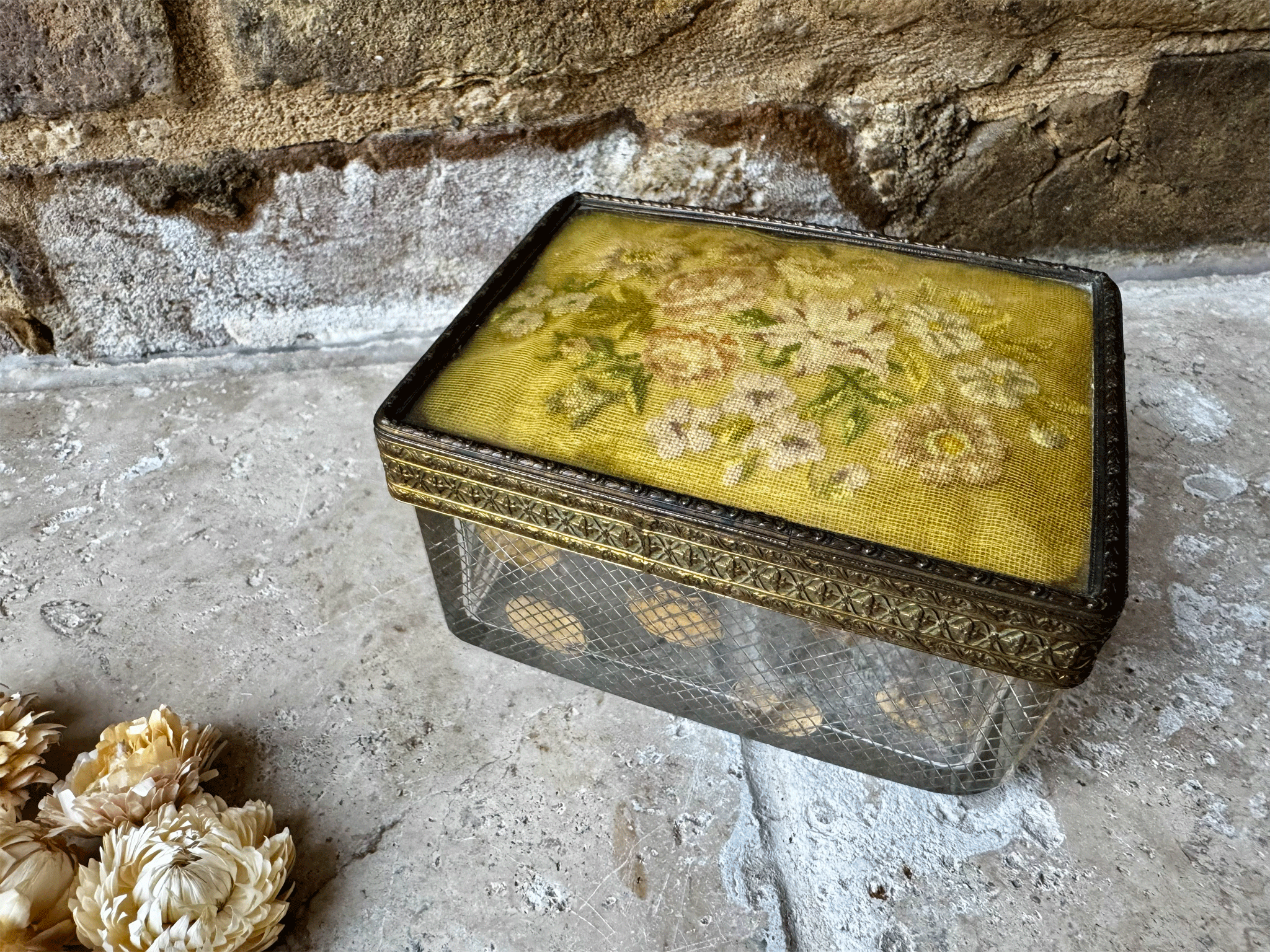 Antique French Glass Jewellery Box with Embroidered Lid – JFrancesAntiques